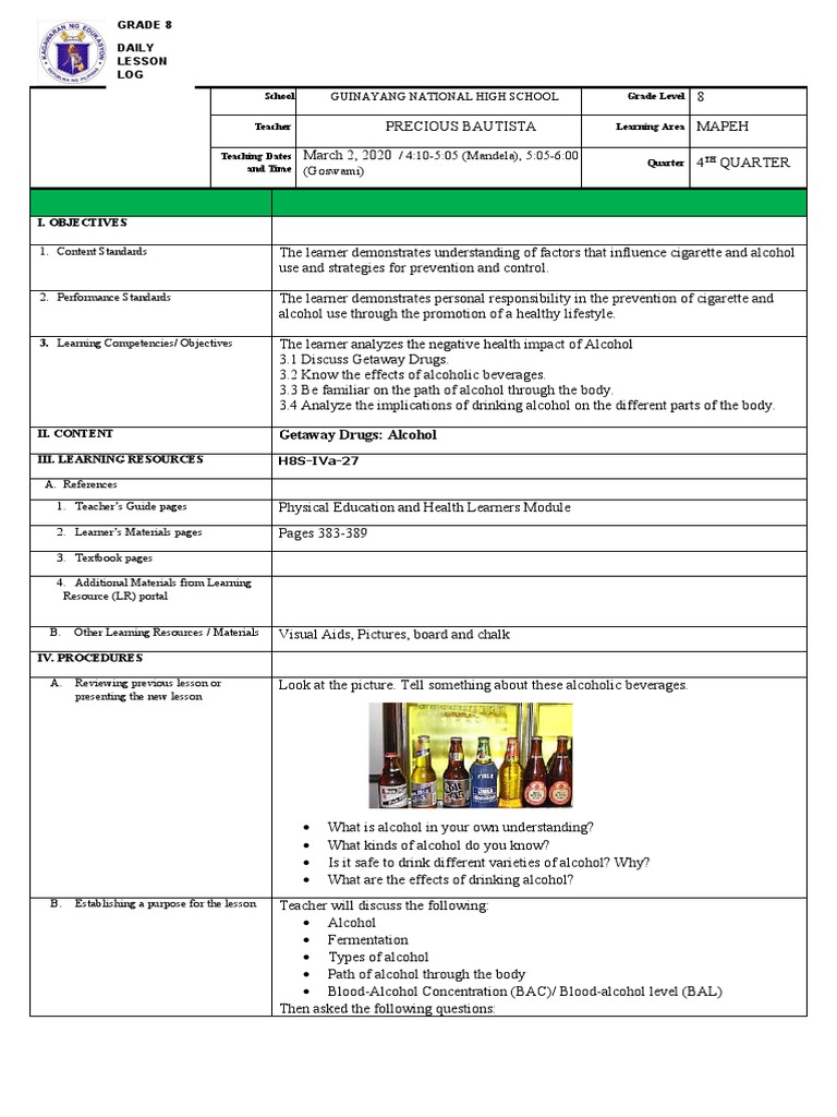 Alcohol Education Lesson Plan | PDF | Alcoholic Drinks | Teachers