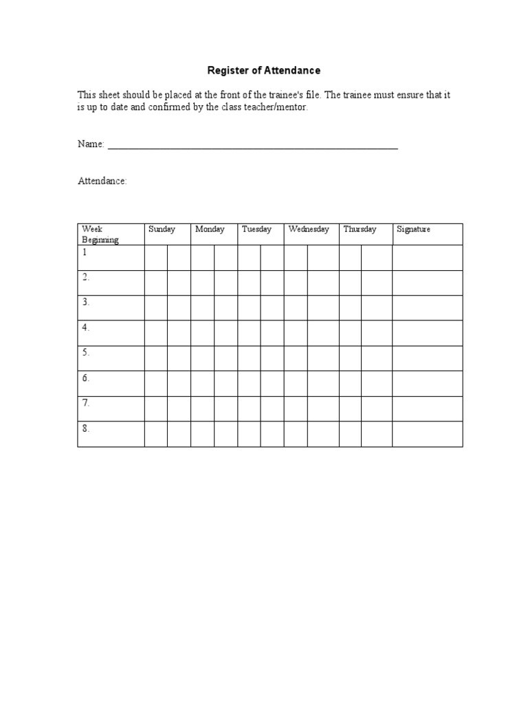 Trainee Attendance Register Template | PDF | Self-Improvement | Wellness