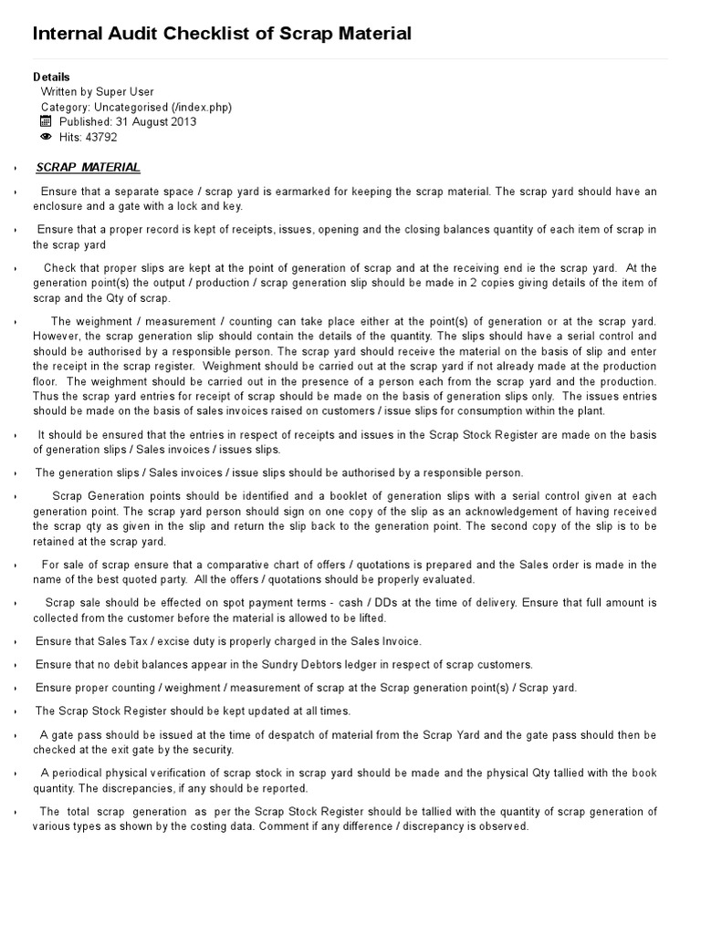 Internal Audit Checklist of Scrap Material | PDF | Receipt | Scrap
