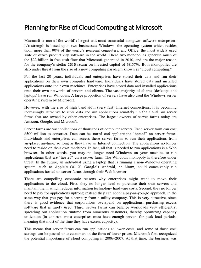 CASE 1 Planning For Rise of Cloud Computing at Microsoft | PDF | Cloud ...