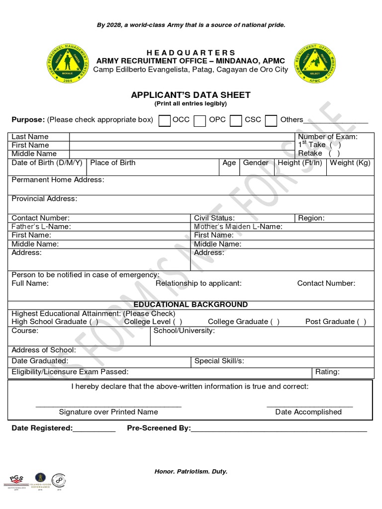 Applicant ’S Data Sheet: By 2028, a world-class Army that is a source ...