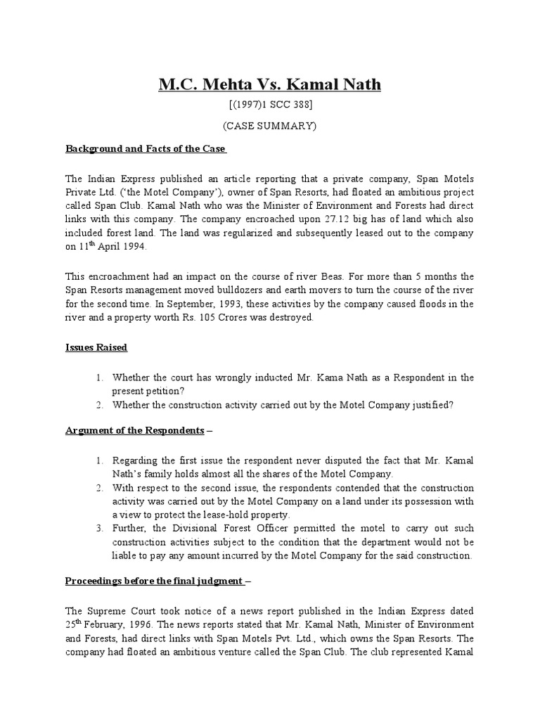 M.C. Mehta vs. Kamal Nath: Background and Facts of The Case | PDF | River | Social Institutions
