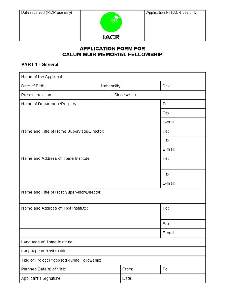 Application Form For Calum Muir Memorial Fellowship: PART 1 - General ...