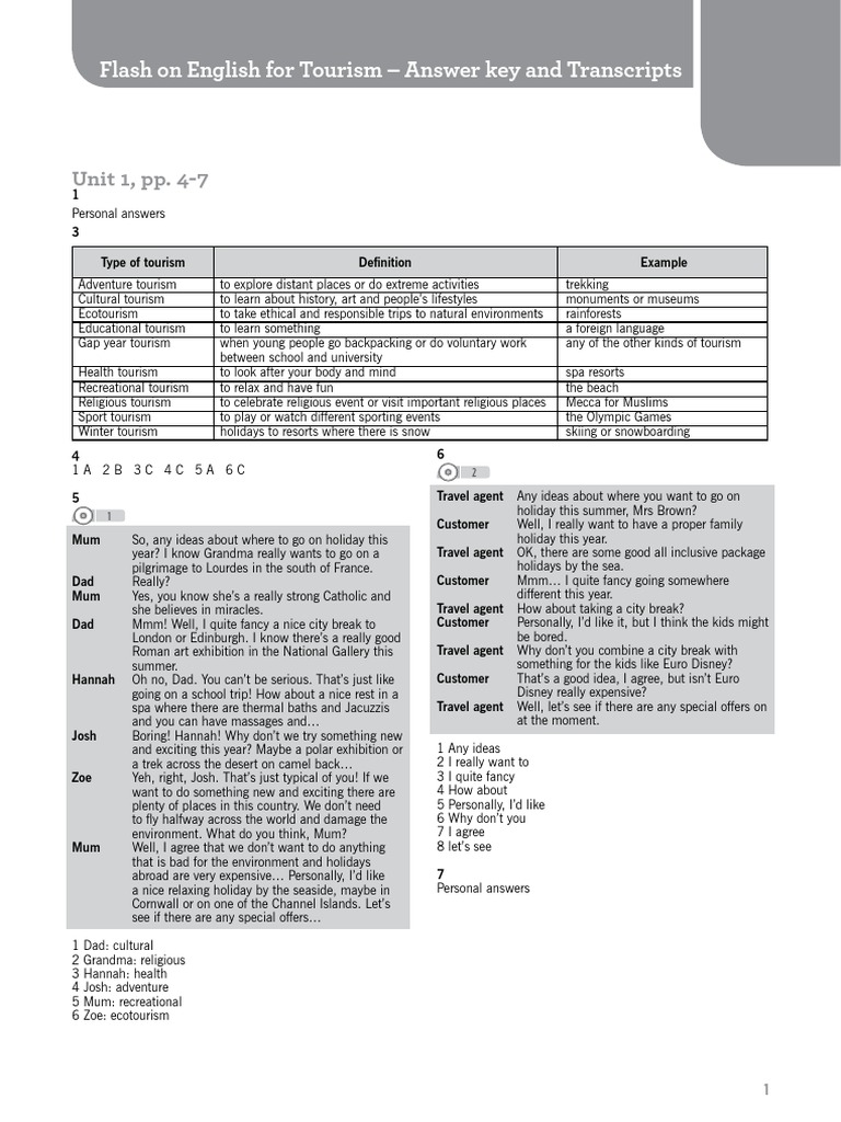 Flash On English For Tourism - Answer Key and Transcripts: Unit 1, Pp ...