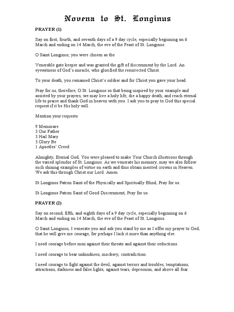 Novena To St. Longinus | PDF | God The Father | Jesus