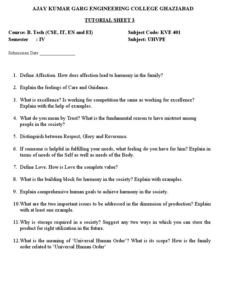 Tutorial Sheet 3 Course: B. Tech (CSE, IT, EN and EI) Subject Code: KVE ...