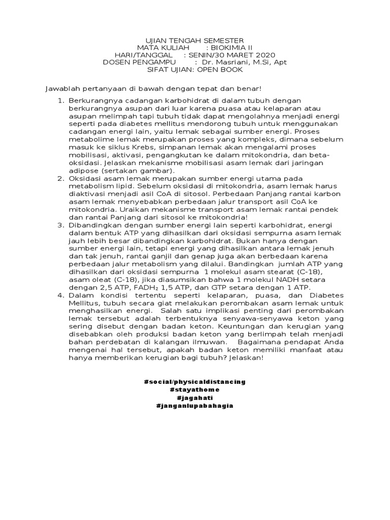 Ujian Tengah Semester Biokimia 2 | PDF Ujian Tengah Semester Biokimia 2 | PDF
