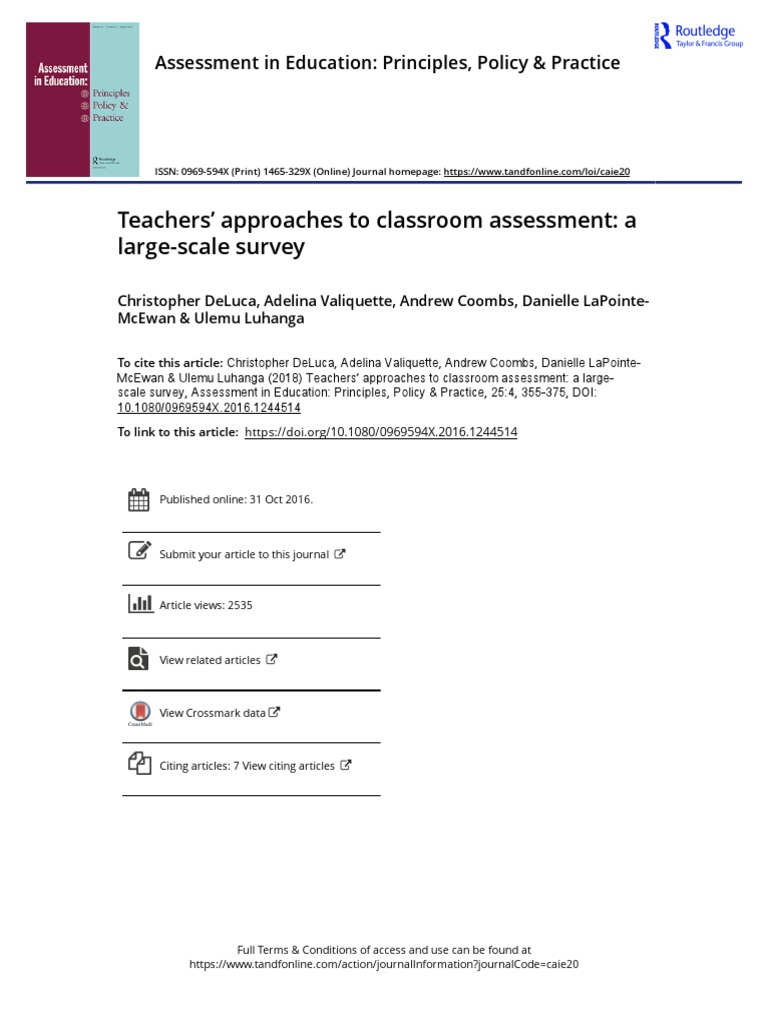 Teachers Approaches To Classroom Assessment A Large Scale Survey PDF ...