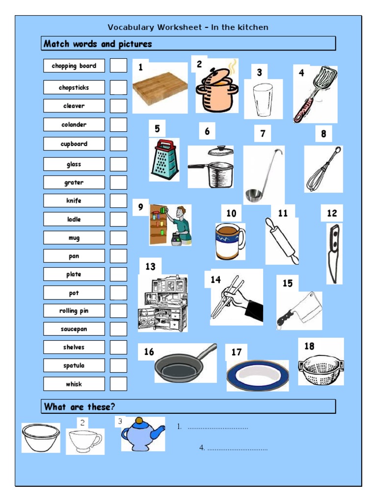 Match Words and Pictures 1 3 2 4: Vocabulary Worksheet - in The Kitchen ...