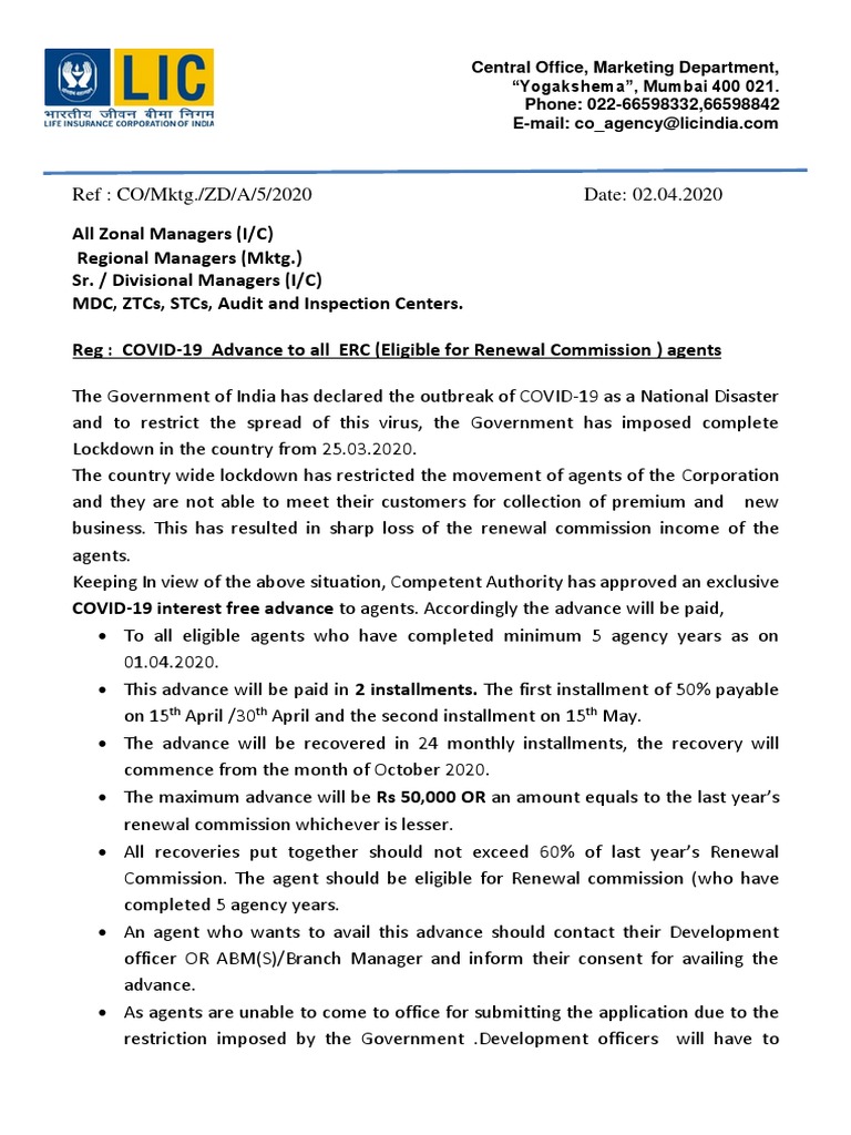 COVID-19 Advance for LIC Agents | PDF | Government | Economies