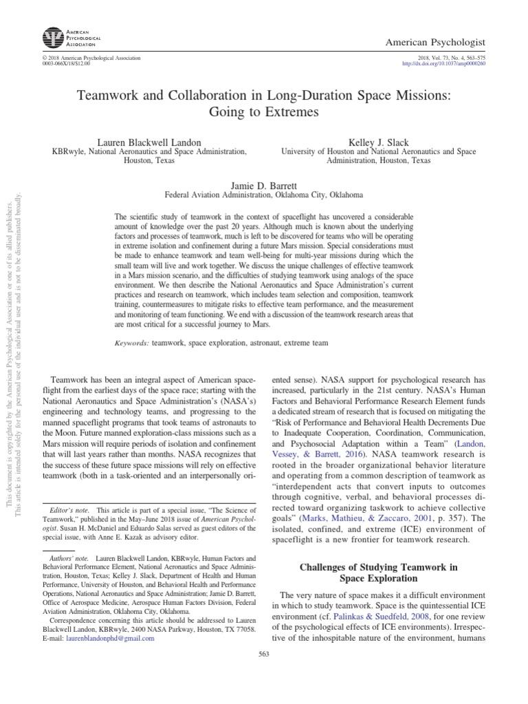 Teamwork and Collaboration in Long-Duration Space Missions | PDF | Nasa ...