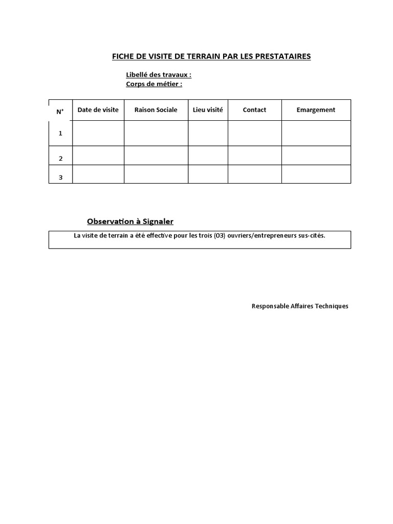 Fiche de Visite de Terrain Prestataires | PDF