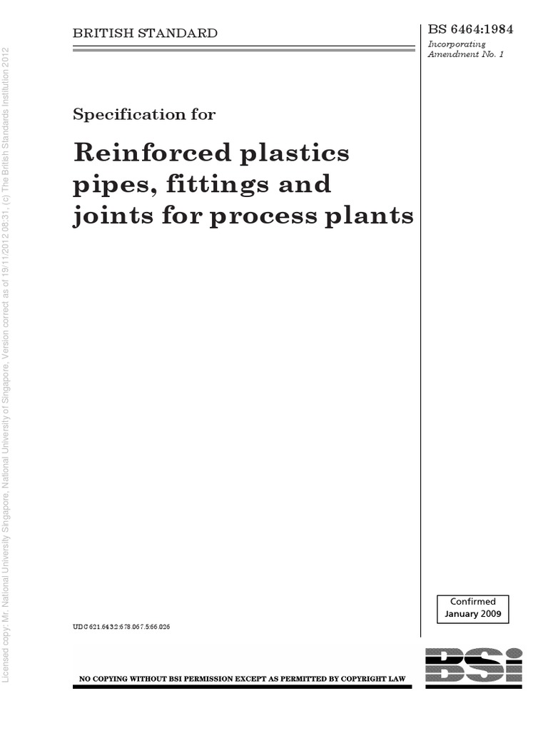 Bs 6464 1984 Reinforced Plastics Pipes Fittings and Joints For Process ...