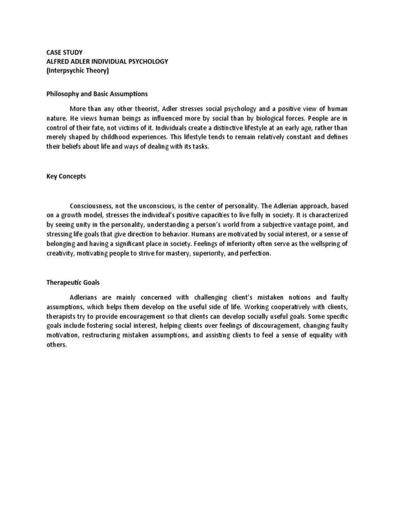 Case Study Alfred Adler Individual Psychology (Interpsychic Theory) | PDF