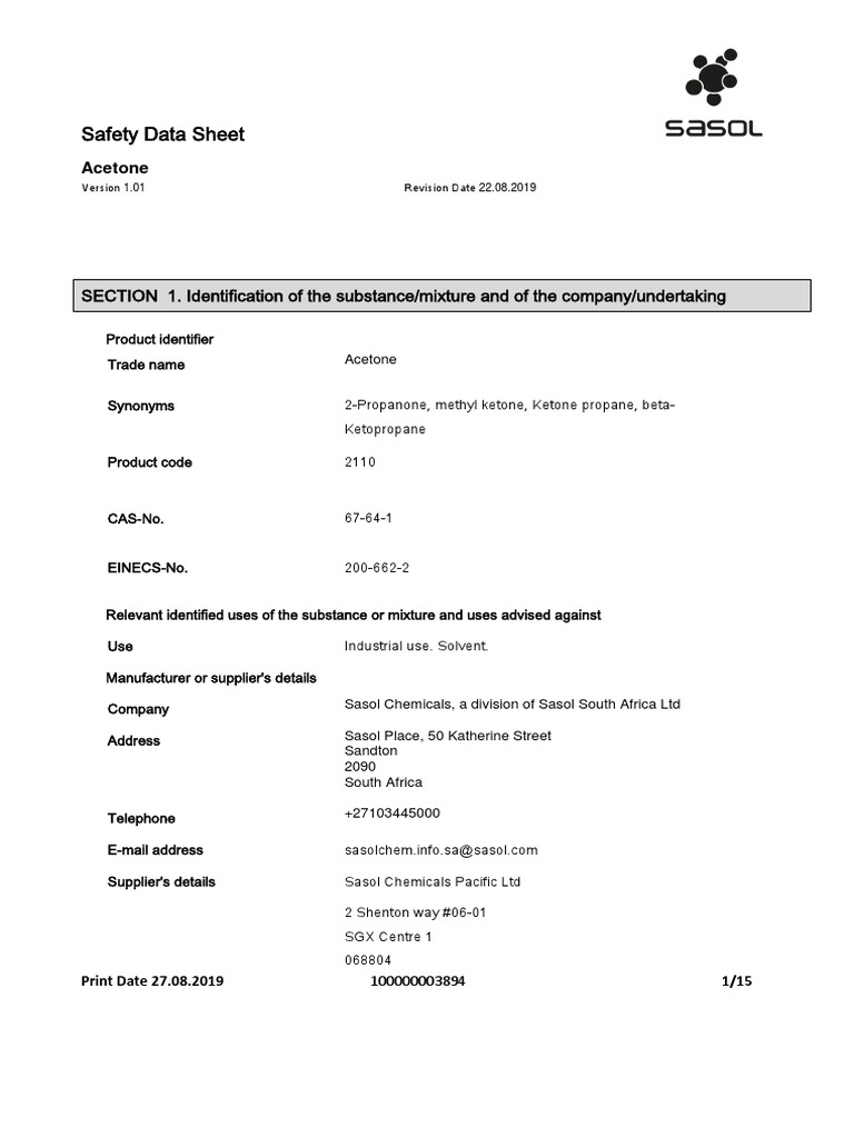 Safety Data Sheet: Acetone | PDF | Prevention | Safety