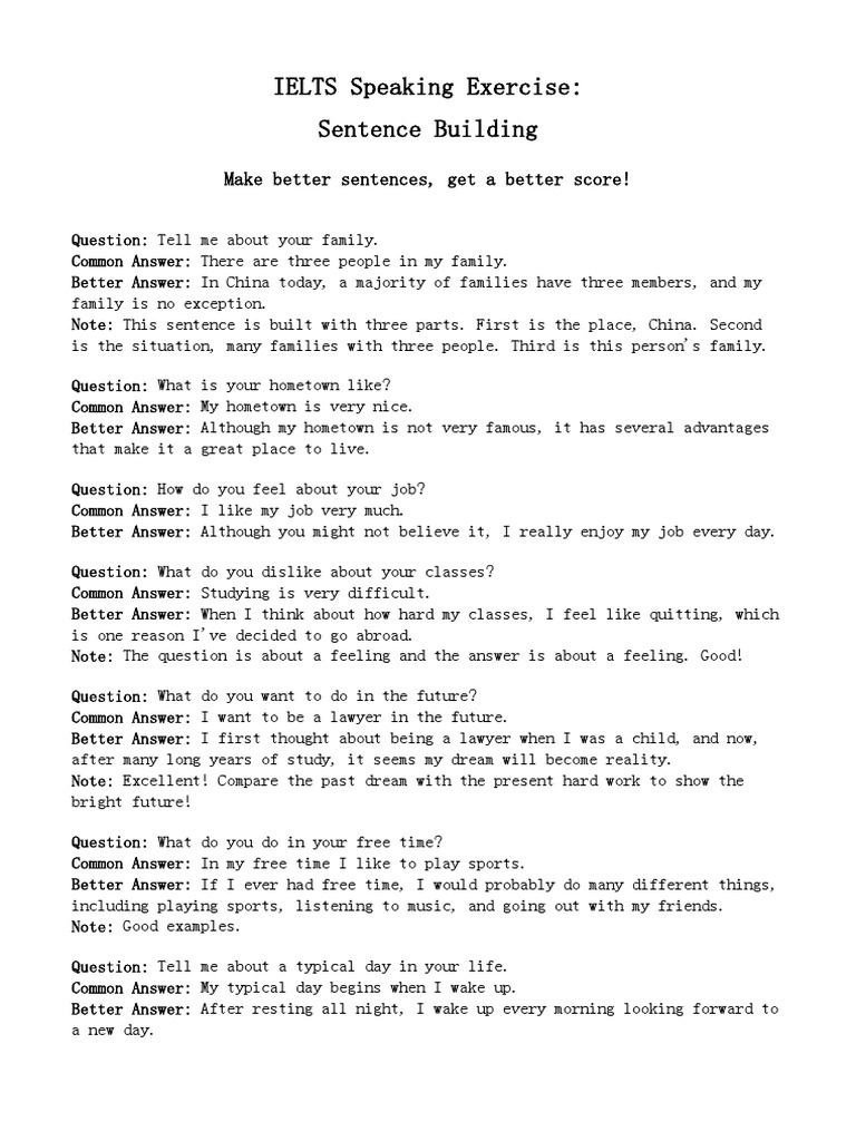 IELTS Speaking Exercise: Sentence Building: Make Better Sentences, Get ...