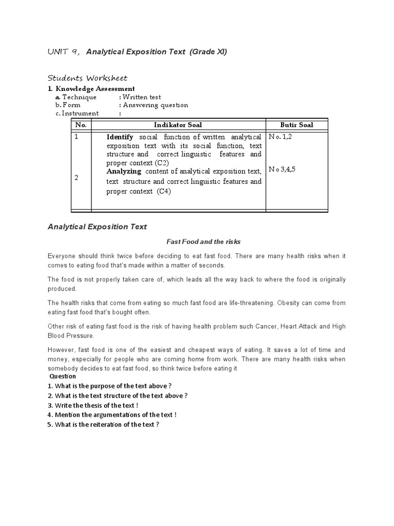 Students Worksheet Kelas XI ANALYTICAL EXPOSITION TEXT UNIT 9 | PDF ...
