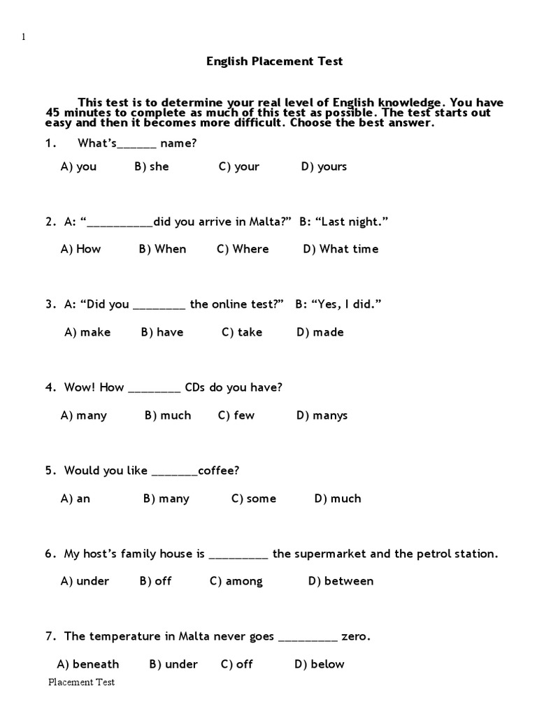 English Placement Test Sample PDF | PDF | Sleep
