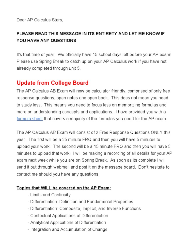Ap Calculus Full Length Practice Test and Reflection Paper Guidelines ...