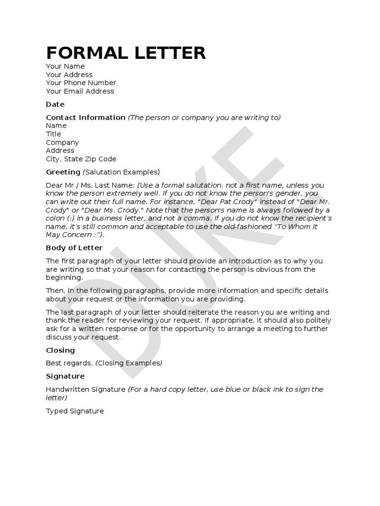 Formal Letter: Date Contact Information (The Person or Company You Are ...