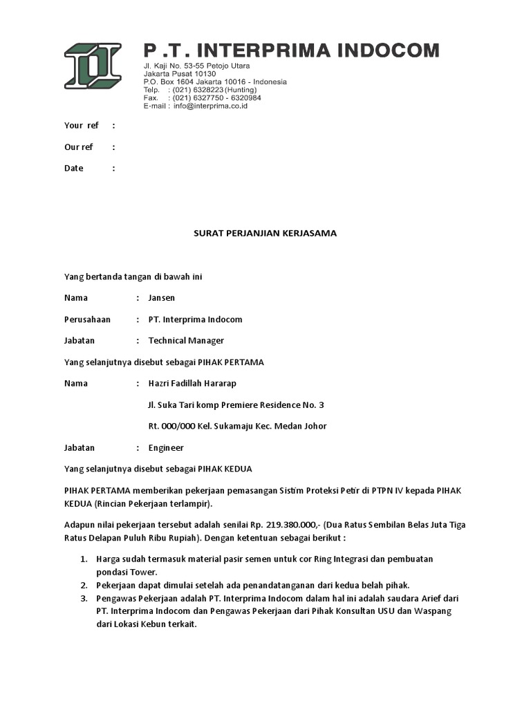 Perjanjian Kerjasama PT. Interprima Indocom | PDF