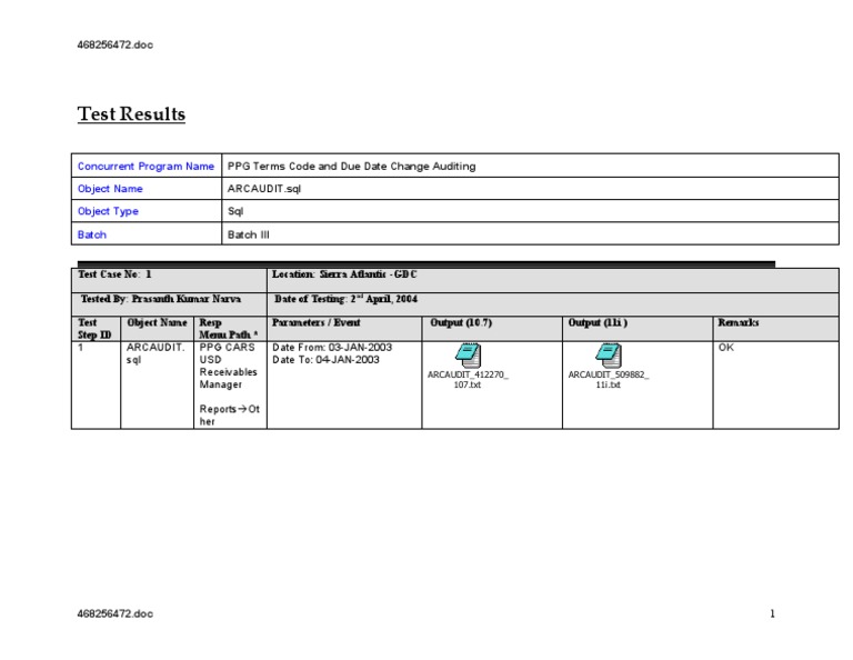 Test Results: Concurrent Program Name Object Name Object Type Batch | PDF