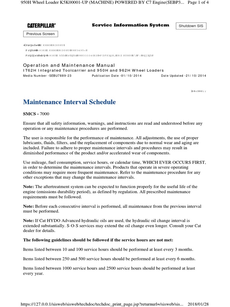 Maintenance Interval Schedule 950H | PDF | Bearing (Mechanical) | Steering