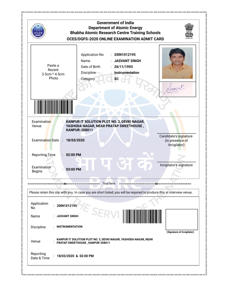 BARC OCES/DGFS 2020 Admit Card | PDF | Coat (Clothing) | Identity Document
