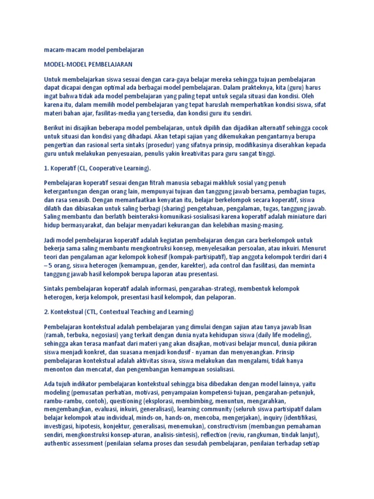 Macam-Macam Model Pembelajaran | PDF