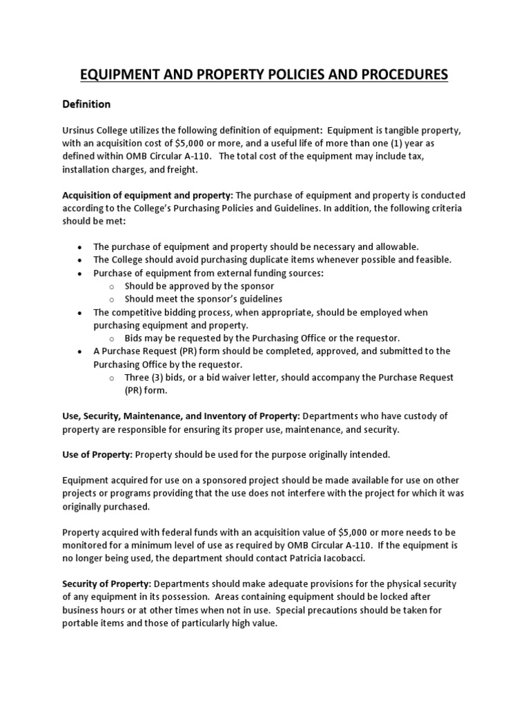 Ursinus College Equipment Policies | PDF | Inventory | Property