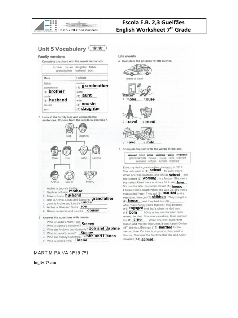 Worksheet 1 - 7th - Grade - Family | PDF