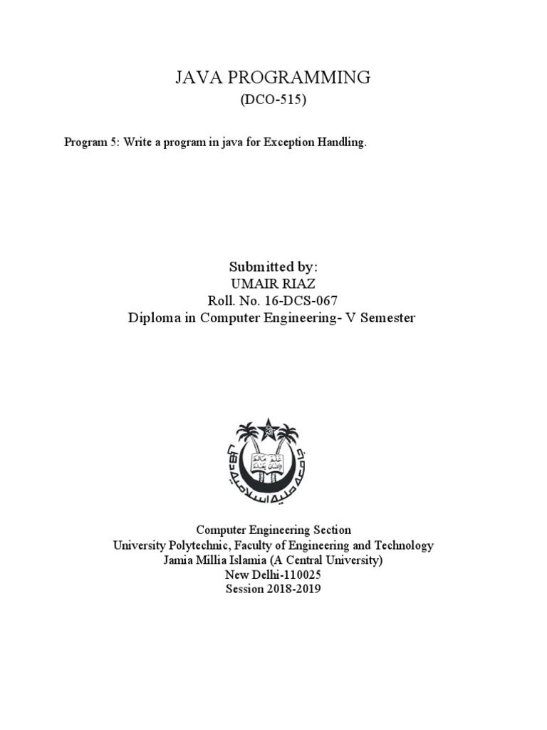Java Programming Program 5 Write A Program In Java For Exception 7524