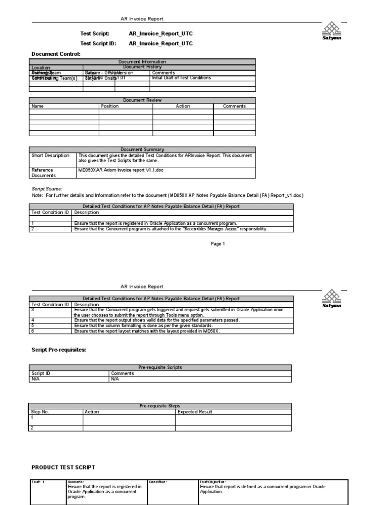 Test Script: AR - Invoice - Report - UTC Test Script ID: AR - Invoice ...