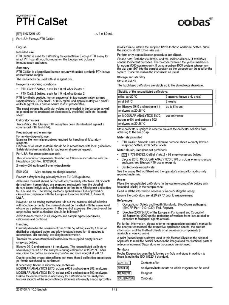 PTH Calset: English Intended Use | PDF | Assay | Immunoassay