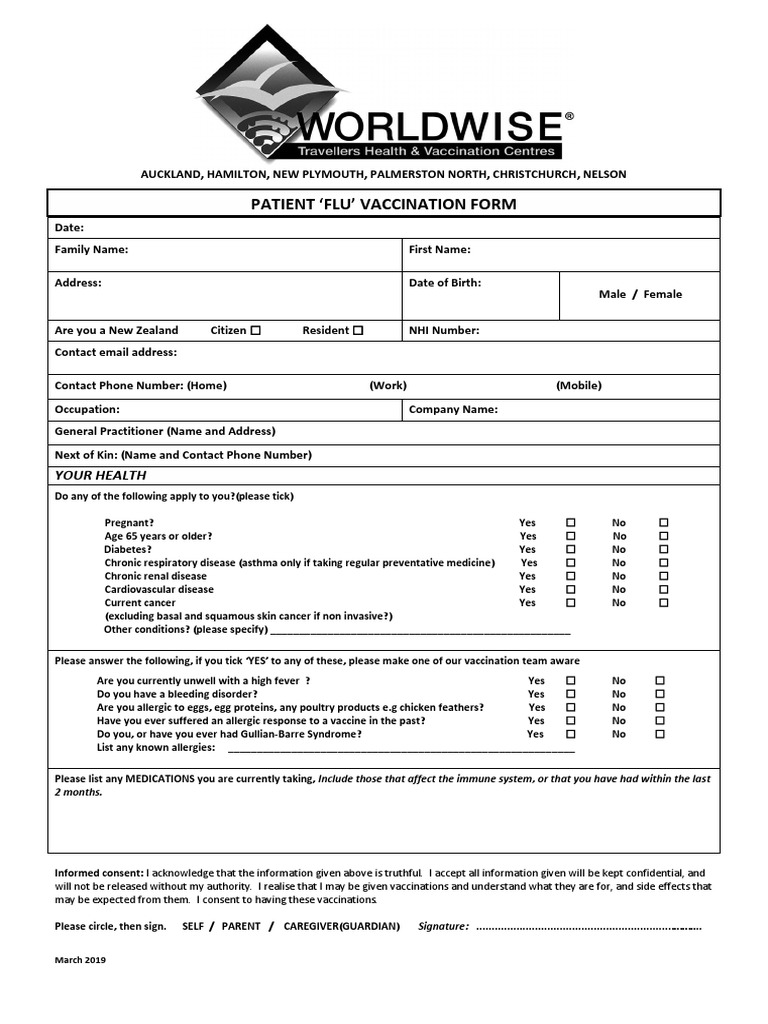 2020 Flu Vaccination Consent Form Pdf Allergy Chronic Condition 7302