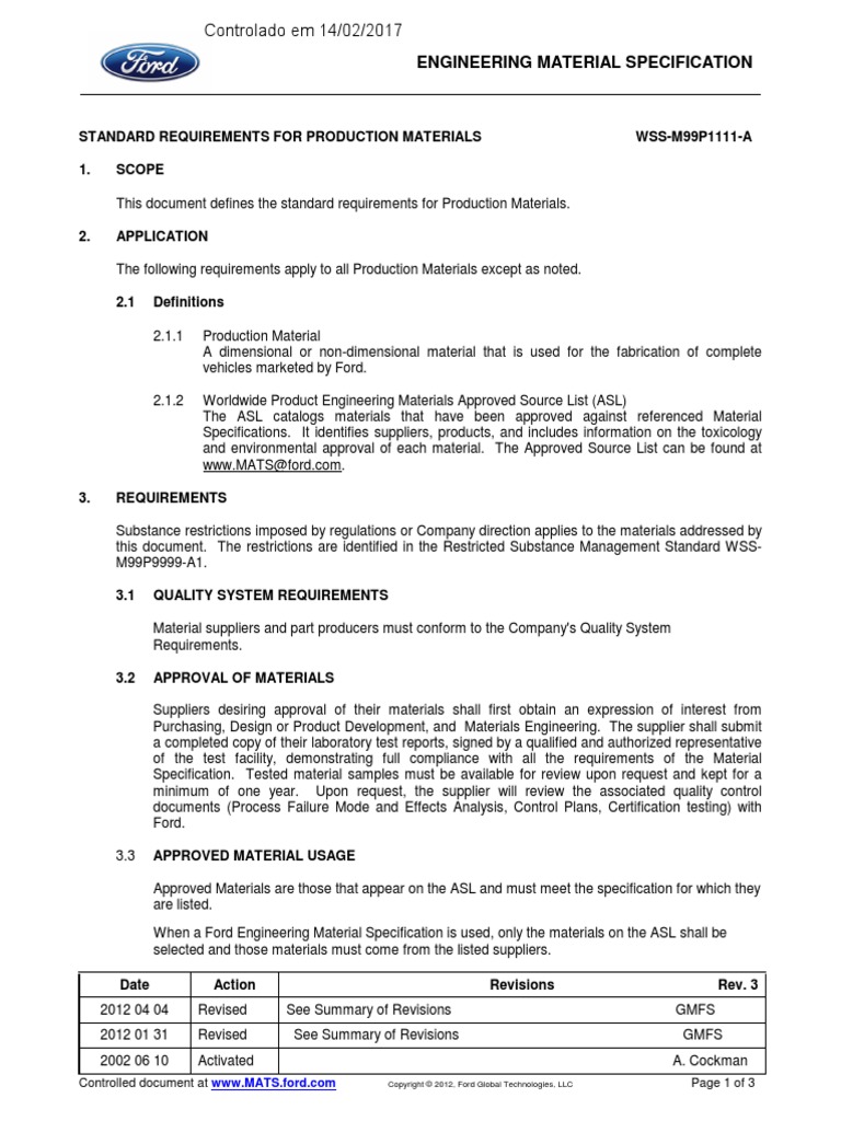 Engineering Material Specification: Controlled Document at Page 1 of 3 | PDF | Specification ...