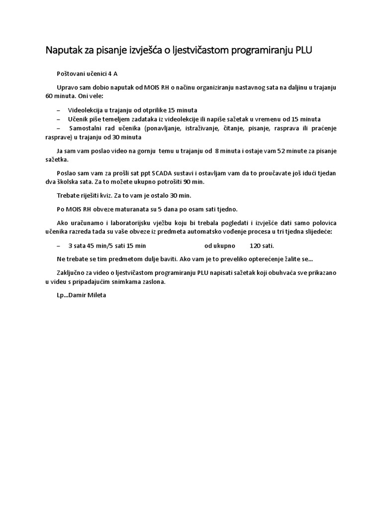 Naputak Za Pisanje Izvješća o Ljestvičastom Programiranju PLU PDF | PDF