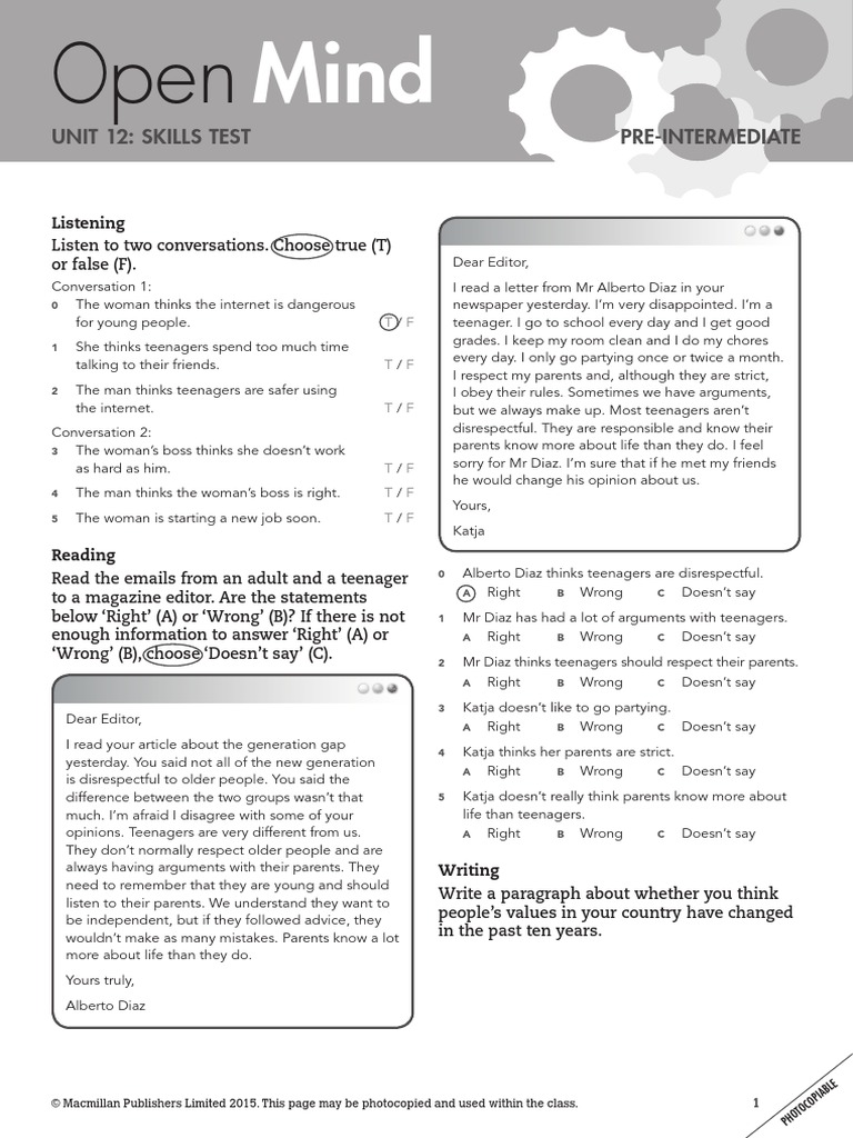 Open Mind Pre-Intermediate Unit 12 Skills Test PDF | PDF