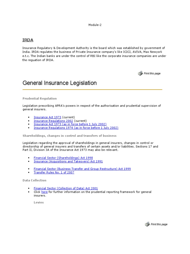 General Insurance Legislation: Prudential Regulation | PDF | Insurance ...