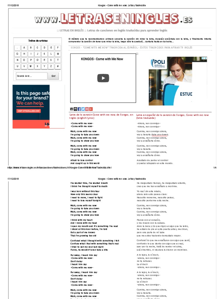 Letra y traducción: Come with Me Now | PDF | Cookie HTTP | Traducciones