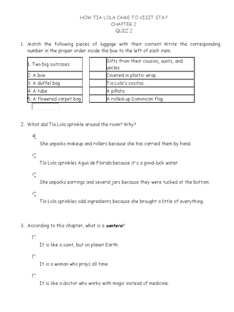 How Tía Lola Came To Visit Stay Chapter 2 Quiz | PDF