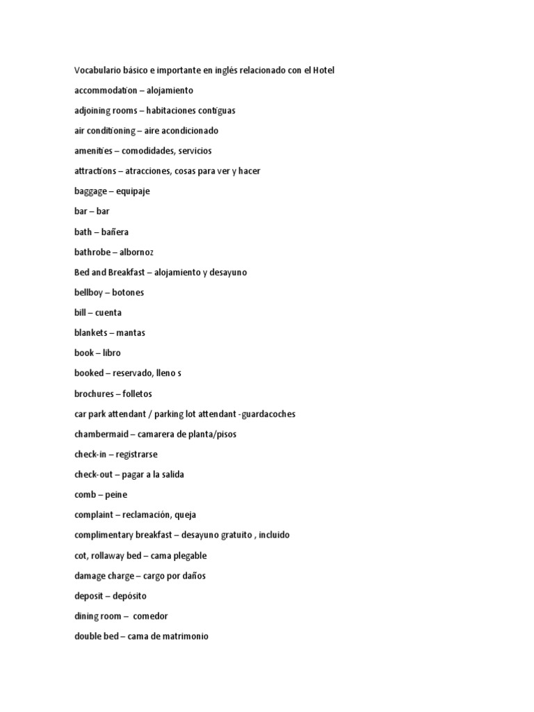 Vocabulario Básico e Importante en Inglés Relacionado Con El Hotel ...