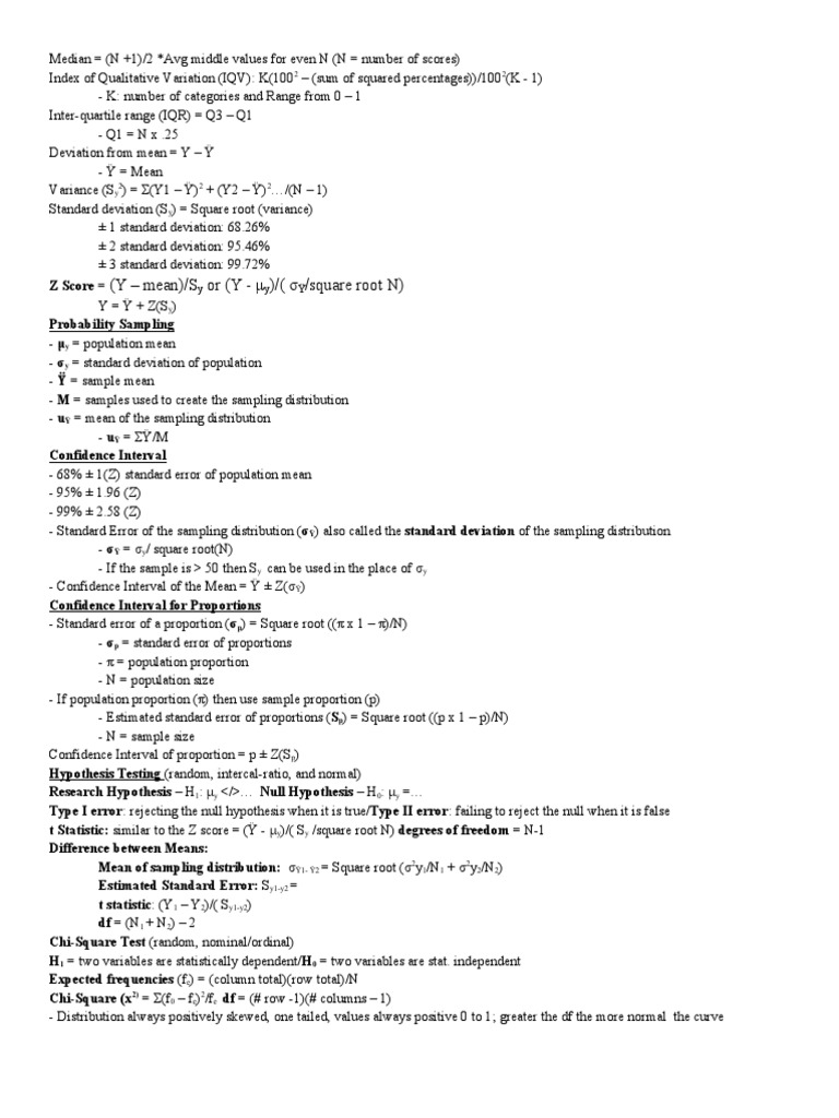 Formula Sheet | PDF | Errors And Residuals | Statistics
