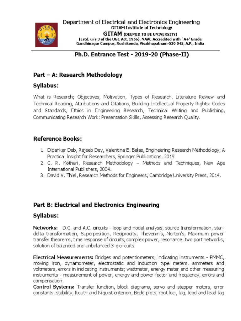 EEE PHD Entrance Test Syllabus Model Paper | PDF | Inductor | Electric ...