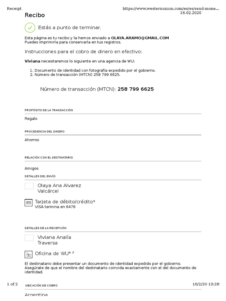 Recibo Western Union Souple PDF | PDF | Tarjeta de débito | Dinero