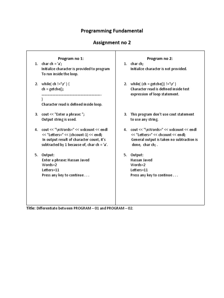 Programming Fundamental Assignment No 2: Program No 1: Program No 2 | PDF