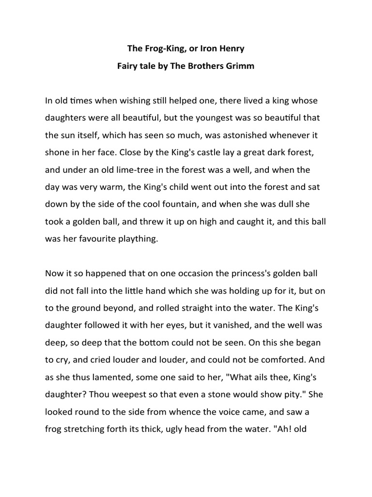 The Frog-King, or Iron Henry Fairy Tale by The Brothers Grimm | PDF