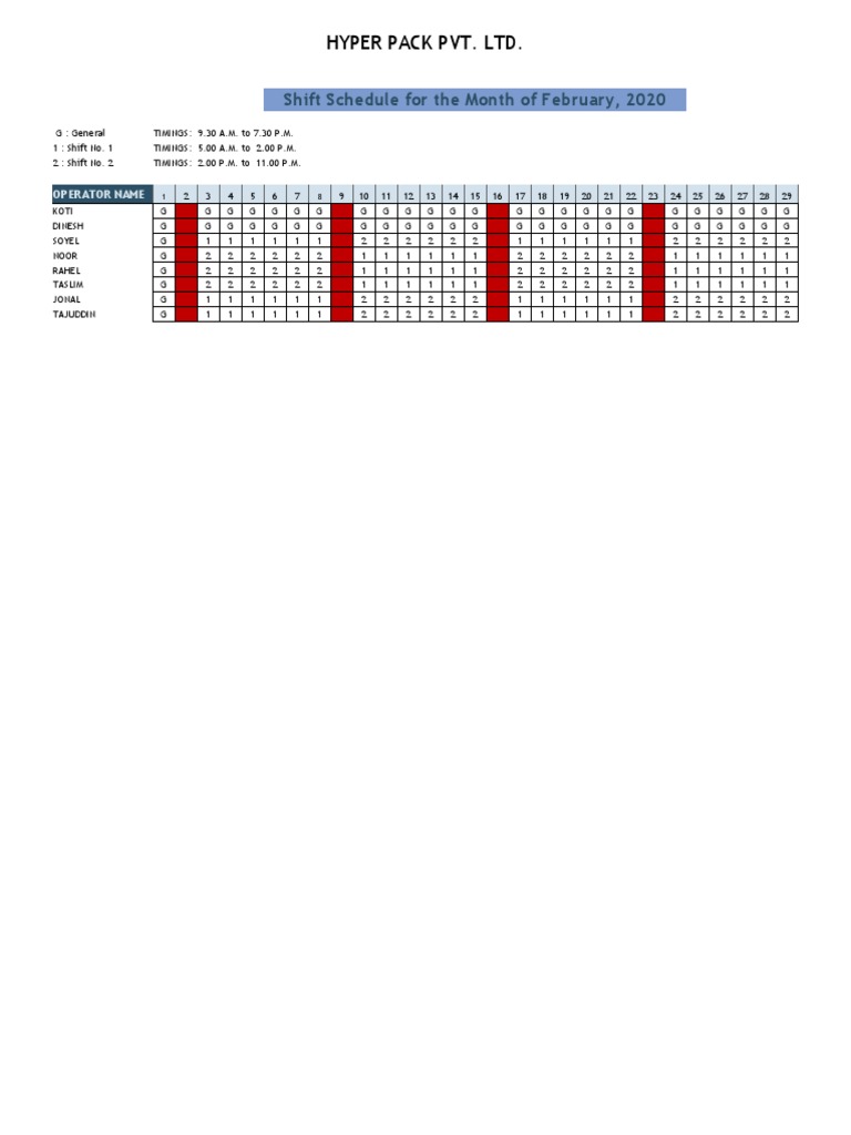 Hyper Pack Pvt. LTD.: Shift Schedule For The Month of February, 2020 | PDF