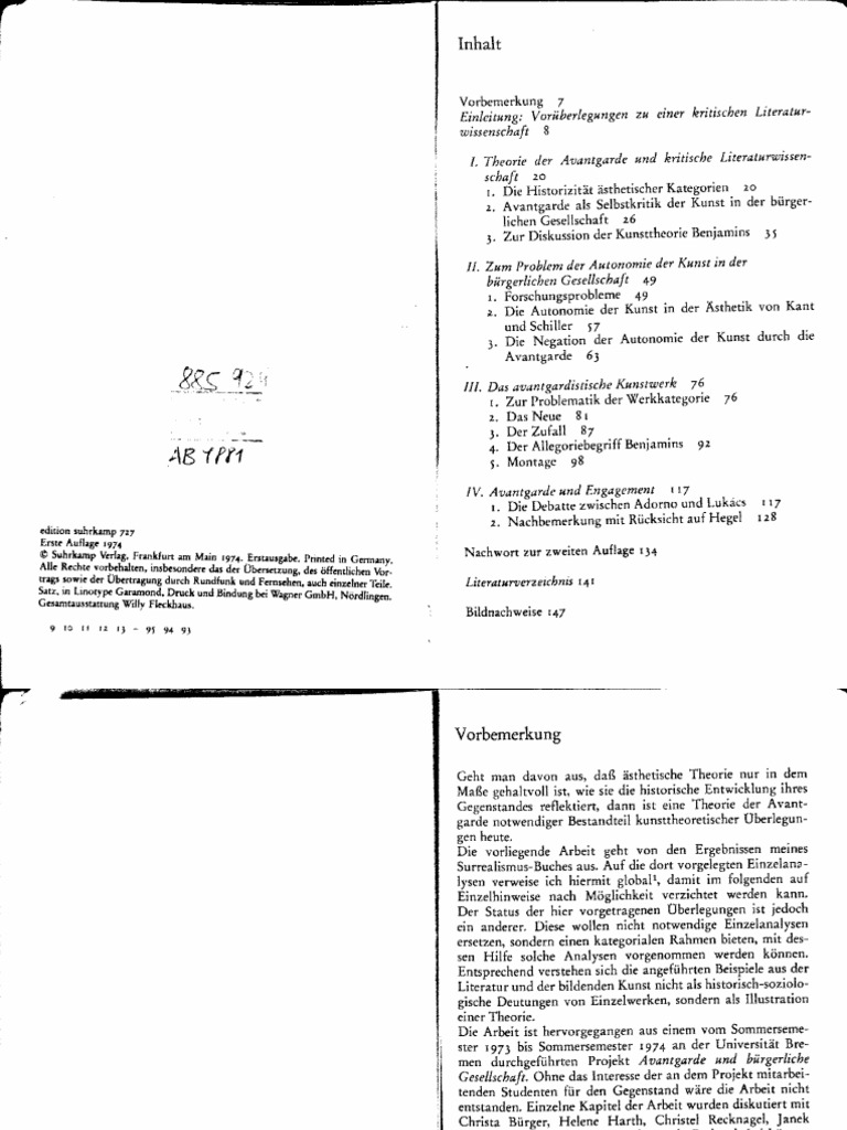 BÜRGER, Peter - Theorie Der Avantgarde - Suhrkamp 1974 | PDF