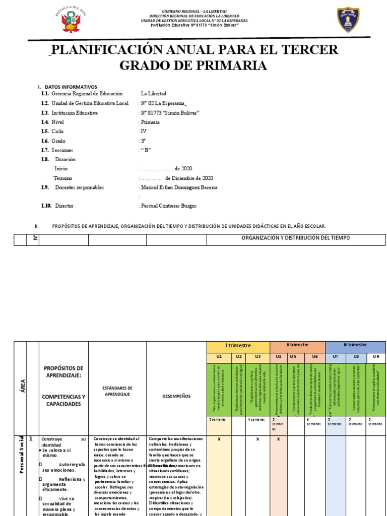 Planificación Anual para El Tercer Grado de Primaria. 2020 | PDF ...